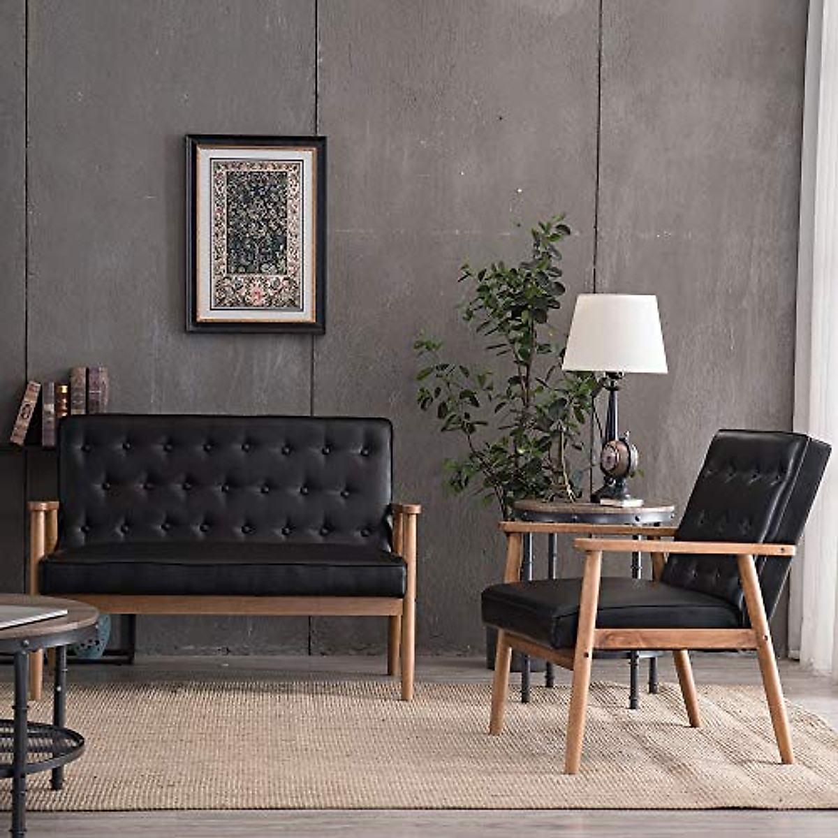 EPOFIT Modern Solid Wood Loveseat Sofa, Upholstered Faux Leather Love Seat, Small Couch 2 Seater with Wooden Arm for Living Room, Bedroom, Small Spaces, Office, Black