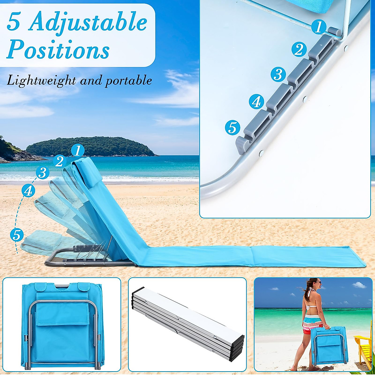 Beeveer 4 Pack Beach Lounge Chaise Chairs with 2 Folding Side Tables Portable Tanning Chair 5 Position Adjustable Lightweight Camping Chair for Sunbathing, Outdoor Yard, Lawn (Lake Blue)