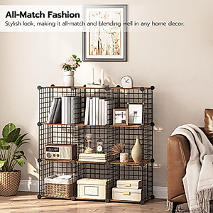 HOOBRO Cube Storage Organizer, Wire Cube Storage, 9-Cube Metal Grid Storage Shelf, Modular Cabinet, DIY Cube Bookshelf, for Living Room, Bedroom, Study, Rustic Brown and Black BF09CW01
