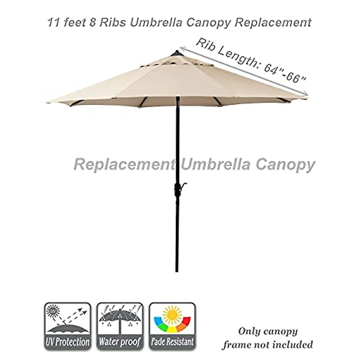 11ft Patio Umbrella Replacement Canopy Market Umbrella Top Outdoor Umbrella Canopy with 8 Ribs,Faded Resistant and UPF 50+ Sun Protection Sunbrella Fabric (Beige)