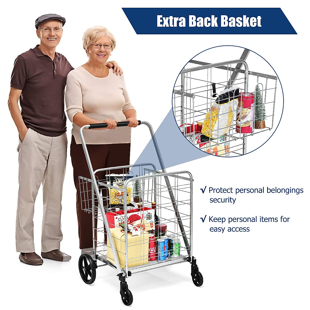 Goplus Folding Shopping Cart, Jumbo Double Basket Utility Grocery Cart 330lbs Capacity with 360° Rolling Swivel Wheels, Portable Heavy Duty Cart for Laundry Shopping Grocery