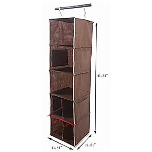 Amelitory 5 Shelf Hanging Closet Organizer Sturdy Fabric Foldable Clothes Hanging Shelves Storage Sweaters Shoes Organizer Coffee