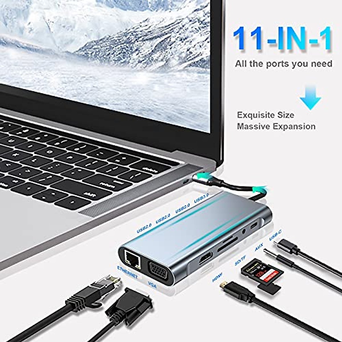 USB C HUB, USB C Adapter 11 in 1 Dongle with 4K HDMI, VGA, Type C PD, USB3.0, RJ45 Ethernet, SD/TF Card Reader, 3.5mm AUX, Docking Station Compatible