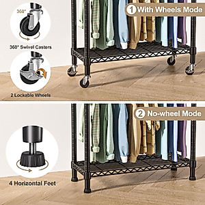 Maiproo Mini Clothing Rack Heavy Duty Clothes Rack with Wheels 3 Tiers Wire Shelving Adjustable with Double Rods and Side Hooks Rolling Clothing Racks for Hanging Clothes Coat Rack Freestanding