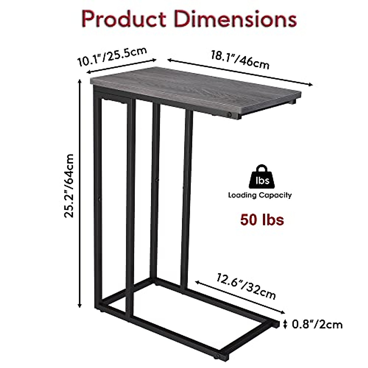 Yusong Small C Shaped End Table, Slim Narrow Couch Side Tables Slide Under Sofa Bed, Skinny Snack Tray Table for Coffee Laptop in Living Room,Easy Assembly,Grey