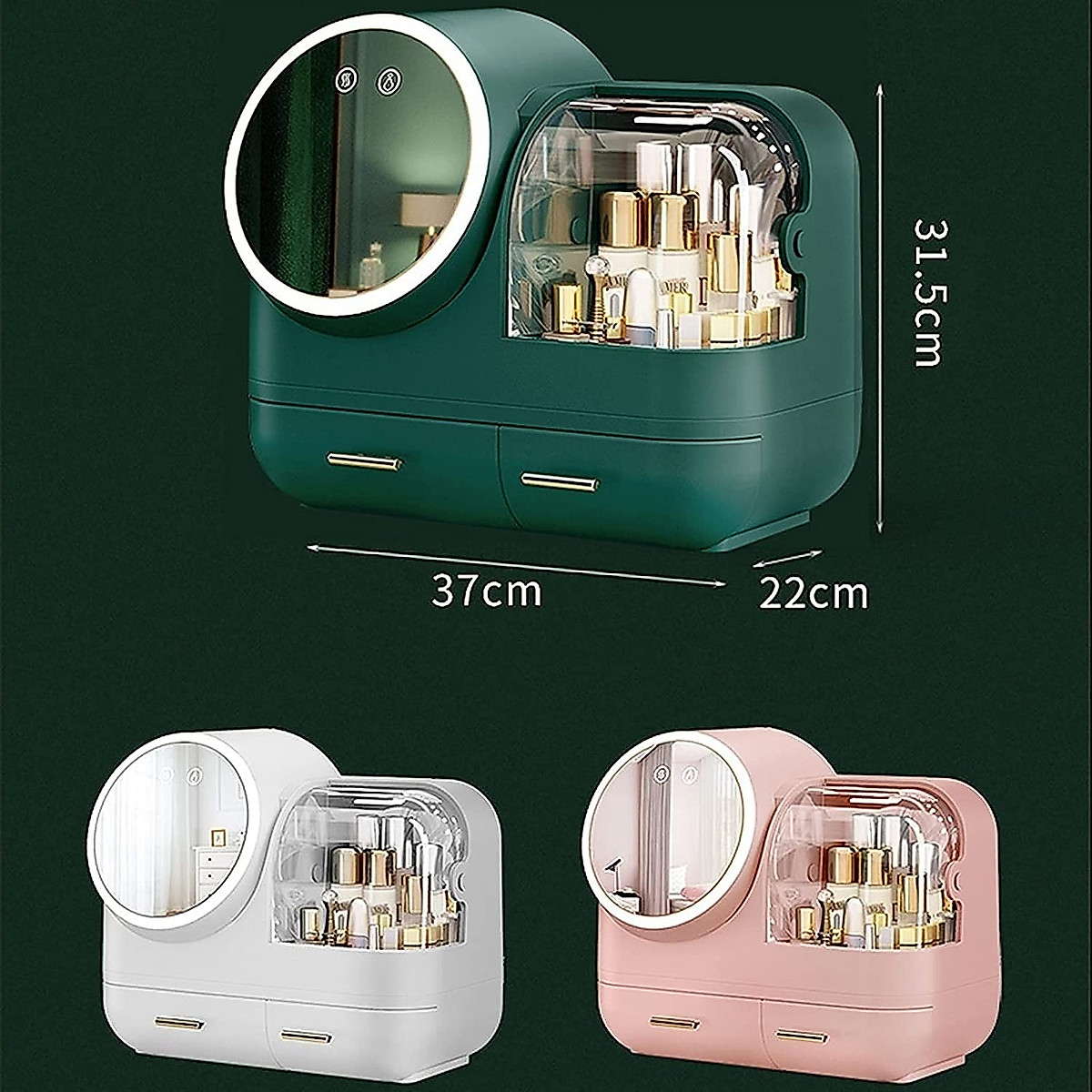 YXYH Cosmetic Organizer with Fan and 360° Rotating LED Mirror 3 Color Adjustable Standing Countertop Multifunctional Makeup Storage Box ( White)