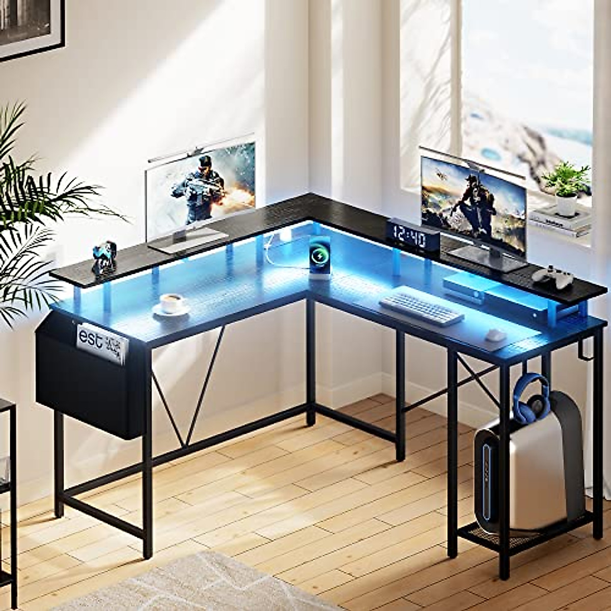 PRAISUN L Shaped Computer Desk with Power Outlets & LED Lights, Corner Gaming Desk with Fabric Storage Bag, Monitor Shelves, Home Office Desk with Hooks, Host Shelf, L Shape Gaming Desk, Black