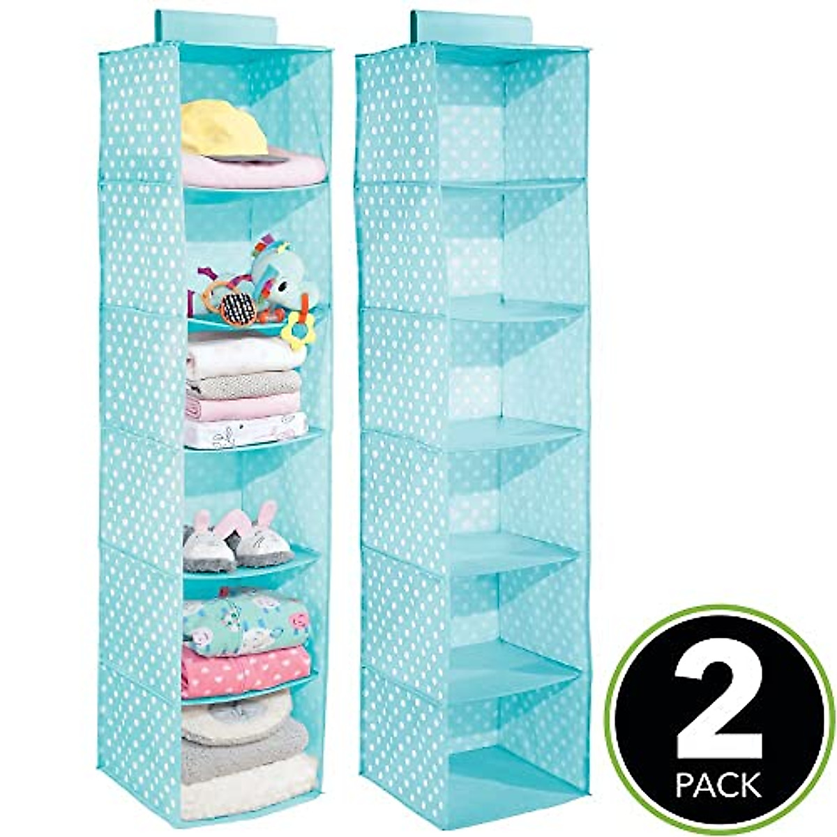 mDesign Soft Fabric Over Closet Rod Hanging Storage Organizer with 6 Shelves for Child/Kids Room or Nursery - Polka Dot Pattern - 2 Pack - Turquoise Blue with White Dots