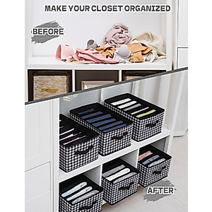 MYTHAUS 3 Pack Large Wardrobe Clothes Organizer, 6 Grid Closet Organizer for Jeans, Pants, T-Shirts, Underwear, Scarf, Foldable Fabric Drawer Organizer Storage Bin with Dual Handles, Black and White