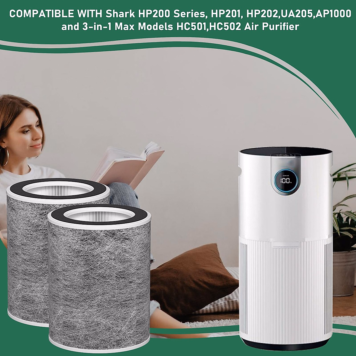 Carmerny HP202 True HEPA Filter Replacement Compatible with Shark HP201 HP202 HP301 HP302 UA205 AP1000 HC501 HC502 Air Cleaner Purifier MAX, Compare Part # HE2FKBAS, HE2FKBASMB, 2-Pack