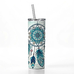 Abstract Teal Blue Dream Catcher Southwestern Design Skinny Tumbler 20oz with Straw Insulated Water Bottle Gift