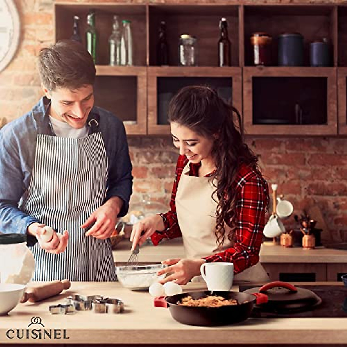 Cast Iron Skillet with Cast Iron Lid - 12"-Inch Dual Handle Frying Pan + Pan Scraper + Silicone Handle Holder Covers - Pre-Seasoned Oven Cookware - Use Indoor/Outdoor, Grill, Stovetop, Induction