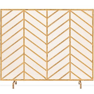 Best Choice Products 38x31in Single Panel Handcrafted Wrought Iron Mesh Chevron Fireplace Screen, Fire Spark Guard for Living Room, Bedroom Décor w/Distressed Antique Finish - Gold