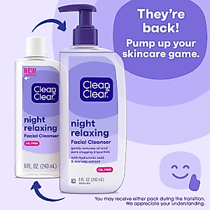 Clean & Clear Night Relaxing Deep Cleaning Oil-Free Night Face Wash, Foaming Facial Cleanser with Hyaluronic Acid & Sea Kelp Extract Gently Removes Oil & Pore Clogging Impurities, 8 fl. oz, 6 Pack