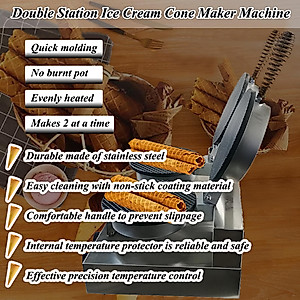 HQHAOTWU Ice Cream Cone Maker Electric Ice Cream Cone Waffle Maker Machine Nonstick Ice Cream Waffle Roll Maker Stainless Steel Egg Roll Maker Waffle Cone Machine Time Control Double Head 110V
