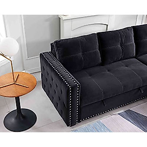 Tulib Reversible Sectional Sofa with Chaise, Sleeper Couch Storage and Pull Out Bed, Button Tufted Nail Head Trim Seating Furniture for Living Room, 91 Black