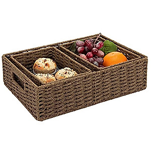 MyGift Brown Woven Small Storage Tray for Organizing, Multipurpose Nesting Basket Bin, Set of 3