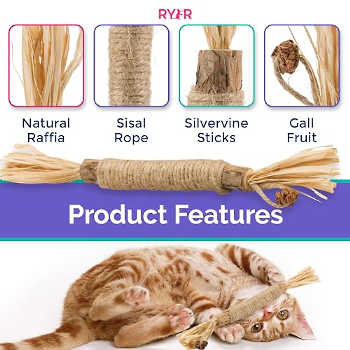 RYERCAT Silvervine Sticks for Cats - All-Natural Cat Chew Toy for Aggressive Chewers, Kitten Teething, and Dental Health - Silvervine Cat Toy for Hours of Fun and Relaxation (5 Pack)