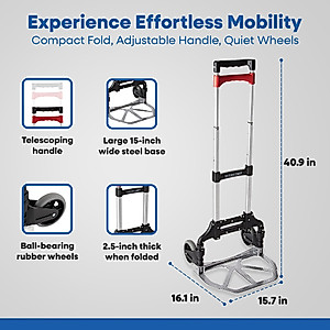 Magna Cart Personal 150 Pound Capacity Aluminum Folding Hand Truck with Telescopic Handle and Foldable Wheels for Industrial, Black and Red