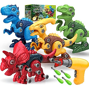 Dinosaur Toys for 3, 4, 5, 6, 7 Year Old Boys, Take Apart Toys with Electric Drill for Kids, STEM Educational Construction Building Toys, Ideal Xmas Birthday Gift, Incl Tyrannosaurus Rex Triceratops