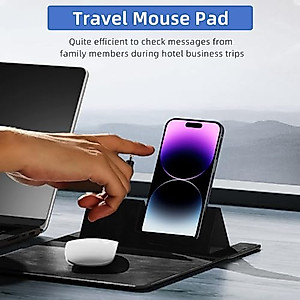 Travel Mouse Pad with Pen/Phone Holder - Foldable Portable for Laptop, PU Leather - Small Modern Thin Multifunctional Mouse Pad - Black