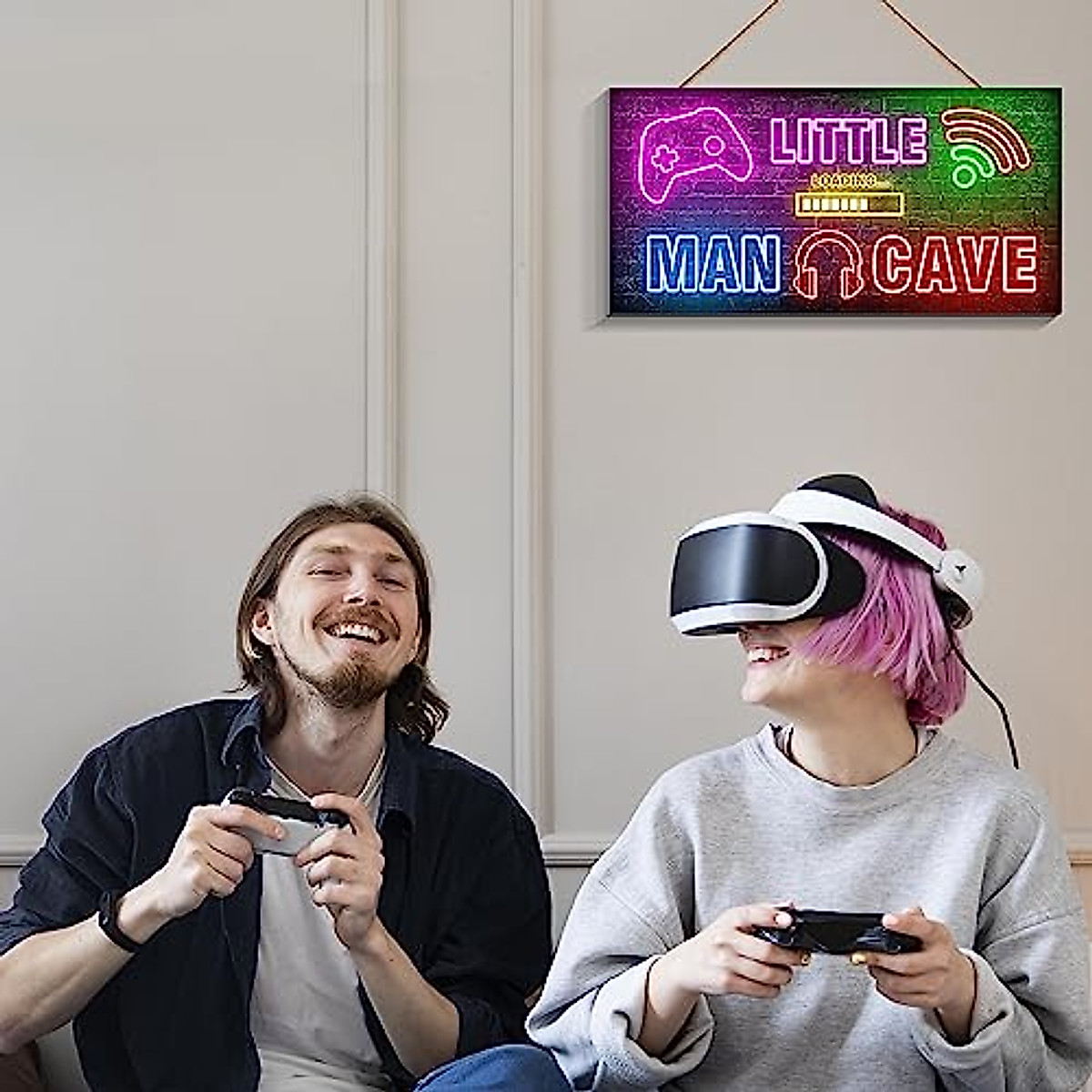 Neon Gaming Decor for Boys Room Wooden, Neon Gaming Wooden Door Sign for Gamer Room Decor, Boys Decorations for Bedroom Nursery Playroom Wall Art (6"x12")