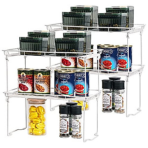 Qboid Sp Stackable Cabinet Shelf - 4 Pack Racks - Large（15x7.6x9.0） Counter & Pantry Organizer Organization, Canned Goods, Condiments - Kitchen [White]