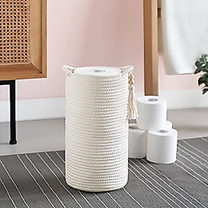 Mkono Woven Toilet Paper Holder Boho Basket for Toilet Paper Storage, Bathroom Decor Toilet Roll Holder Stand with Wooden Beads for 3 Spare Rolls, Cotton Rope Toilet Paper Organizer Basket with Handle