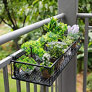 Mairuker Balcony Railing Shelf Flower Pot Stand Rack, 23.5 Inches Iron Hanging Flower Rack Basket Shelf with Hooks for Outdoor Garden Balcony Fence Patio (Black)