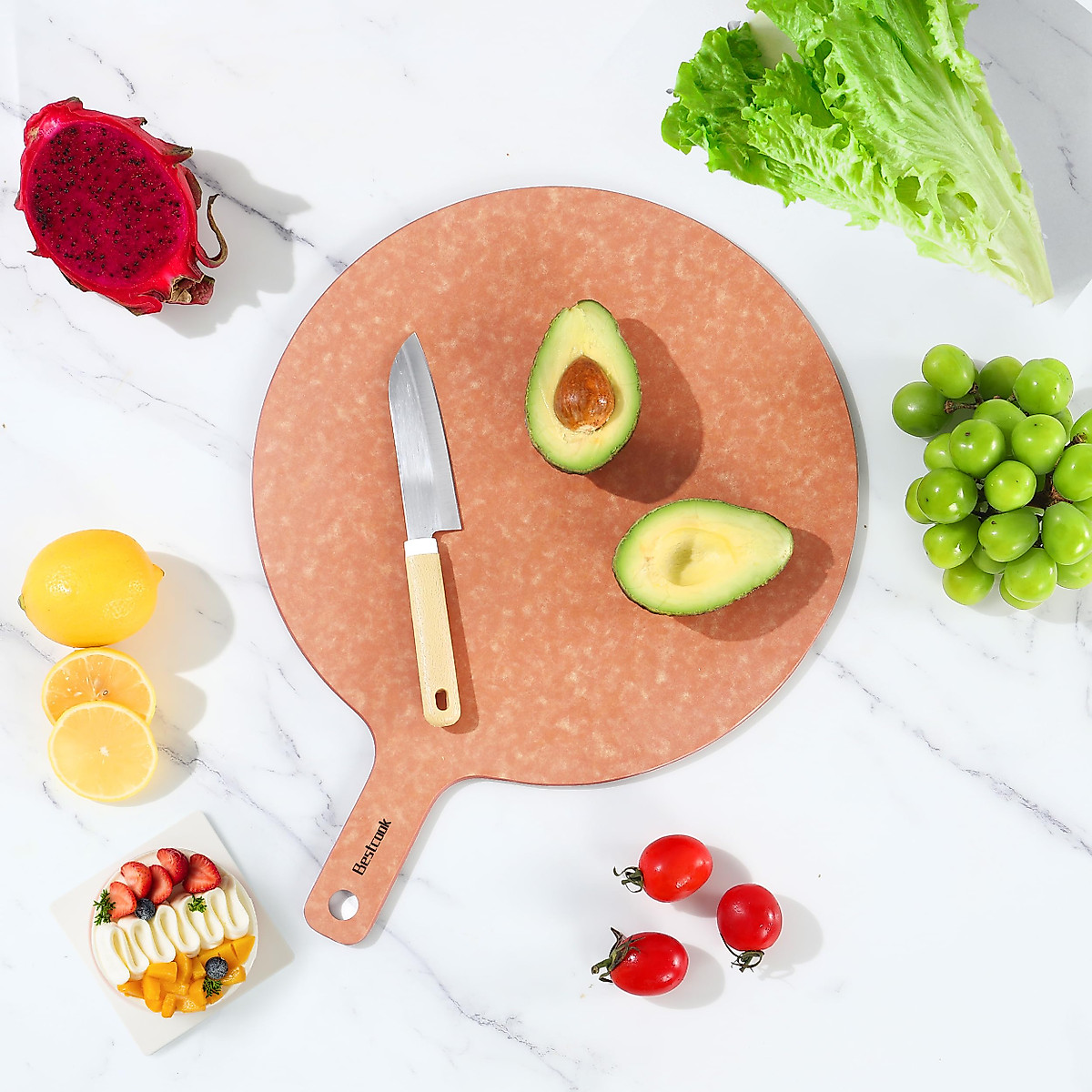 BESTCOOK Wood Fiber Pizza Cutting Board, Durable Wooden Pizza Board with Easy Grip Handle - Perfect for Baking, Cutting, and Serving Pizza, Bread, Fruits, Vegetables, and Cheese, 9 inch