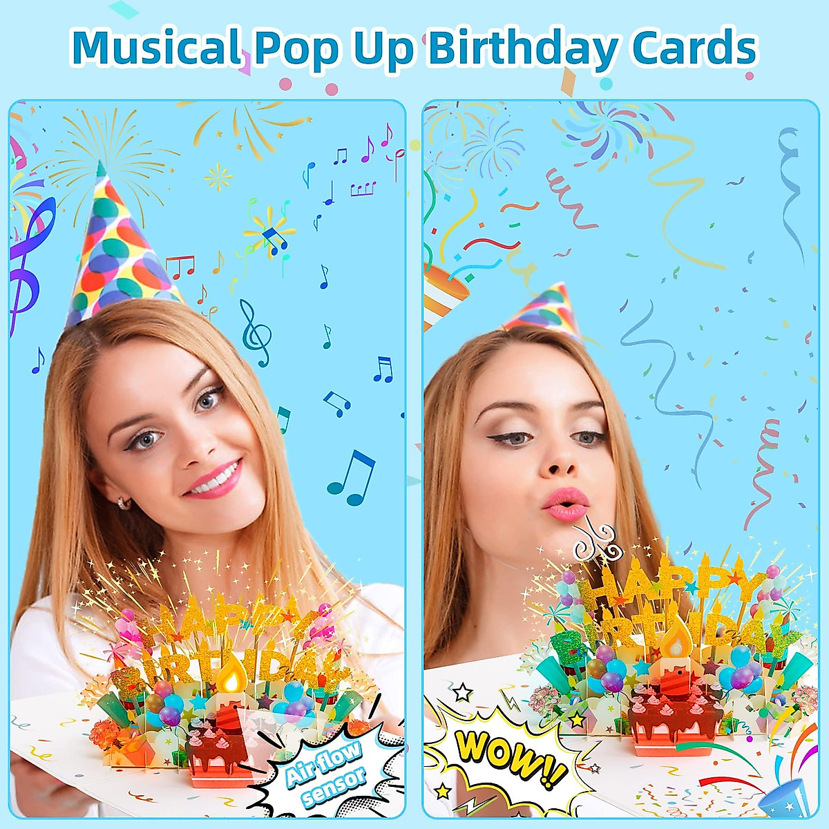 CUISH Birthday Cards with Lights & Music & Candle, 3D Pop Up Musical Happy Birthday Greeting Cards Decoration Gifts for Women Man Girl Boy Daughter Son