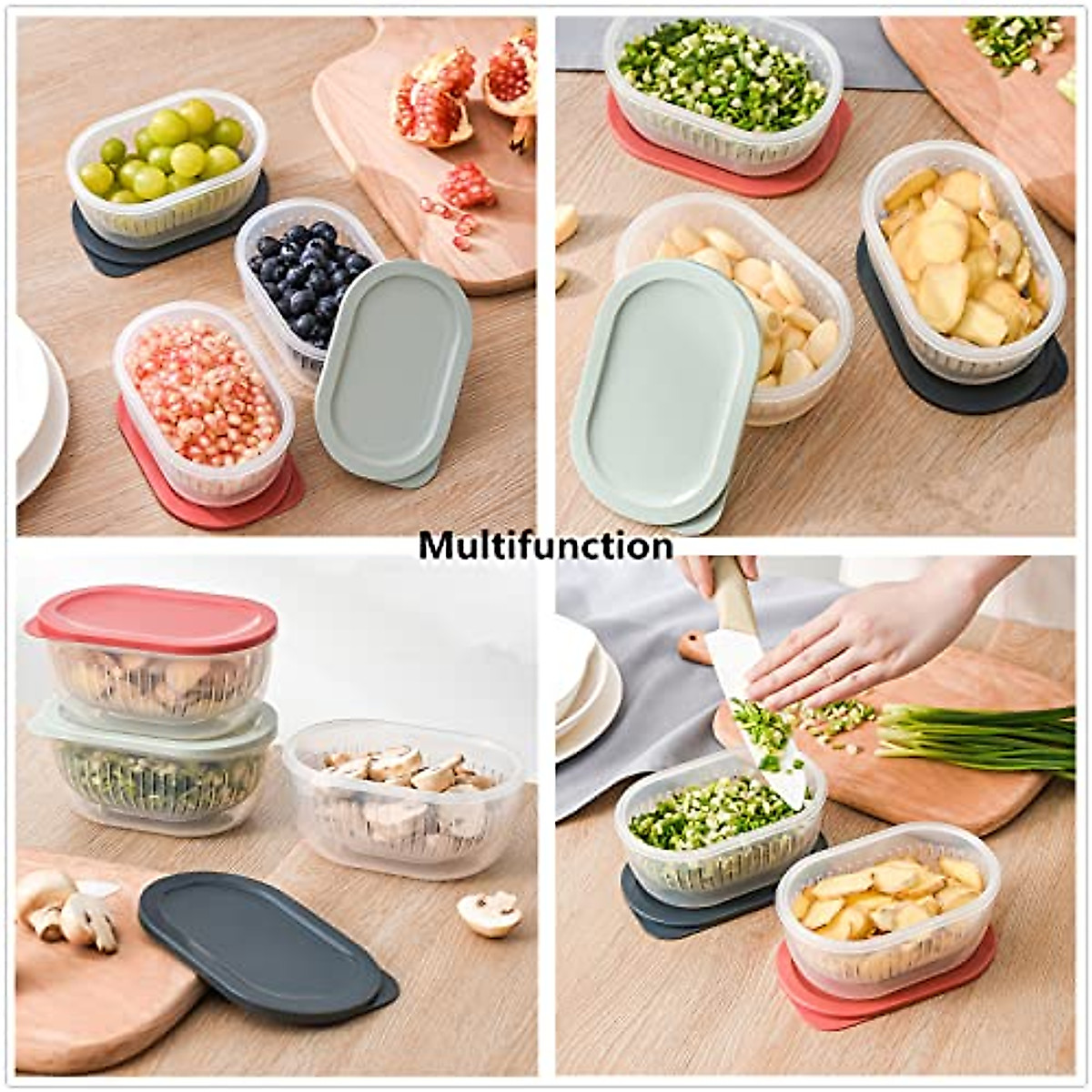 Food Storage Container with Colander Layer, Refrigerator Fresh-keeping Container Bowl Multifunctional Vegetable Fruit Liquid Storage Container Sealed with Lids Kitchen Essentials, 18 oz (Red)