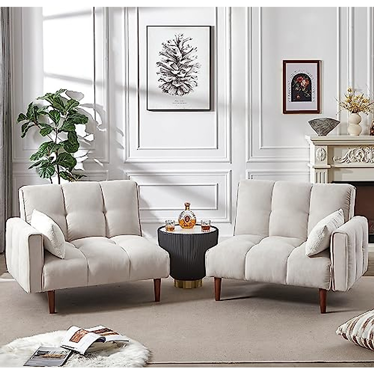 AnwickNomo Convertible Futon Sofa Beds,Modern Fabric Linen Upholstered Futon Sofa Bed, Adjustable Couch Sleeper,Love Seats Couch with 2 Pillows for Apartment, Living Room, Studio (Ivory)