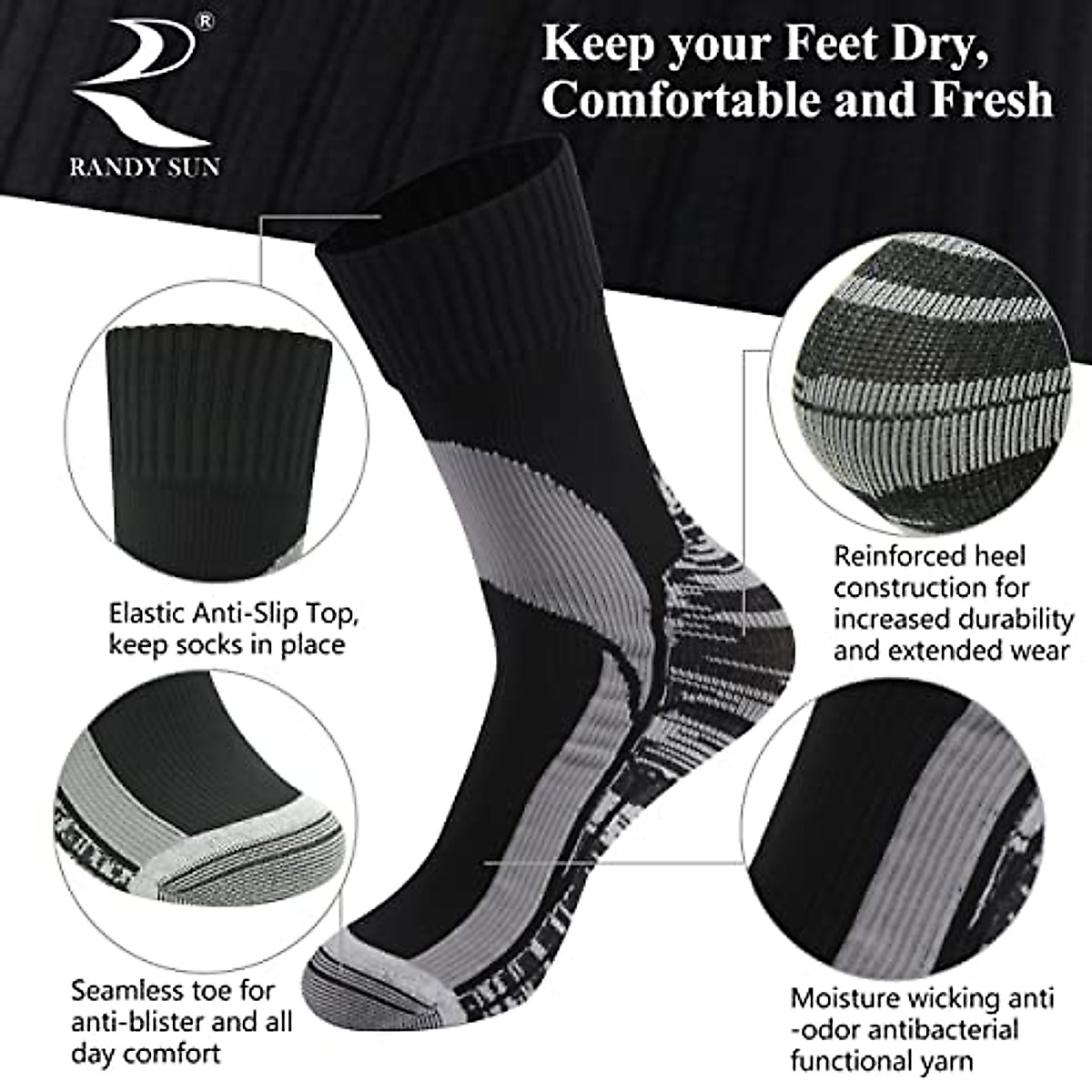 RANDY SUN Mens Waterproof Hiking Socks, Women's Skiing Camping Wading Trail Climbing Cycling Fishing Sports Windproof Business Crew Cushioned Socks, Black Grey M