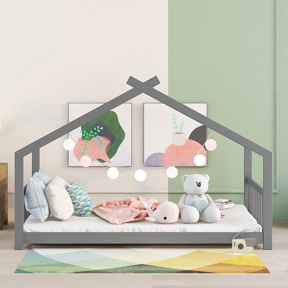 Harper & Bright Designs Full Size House Bed for Kids, Full Bed Frame with Headboard and Footboard, Wooden Kids House Bed for Girls Boys Bedroom Furniture, No Box Spring Needed, Grey