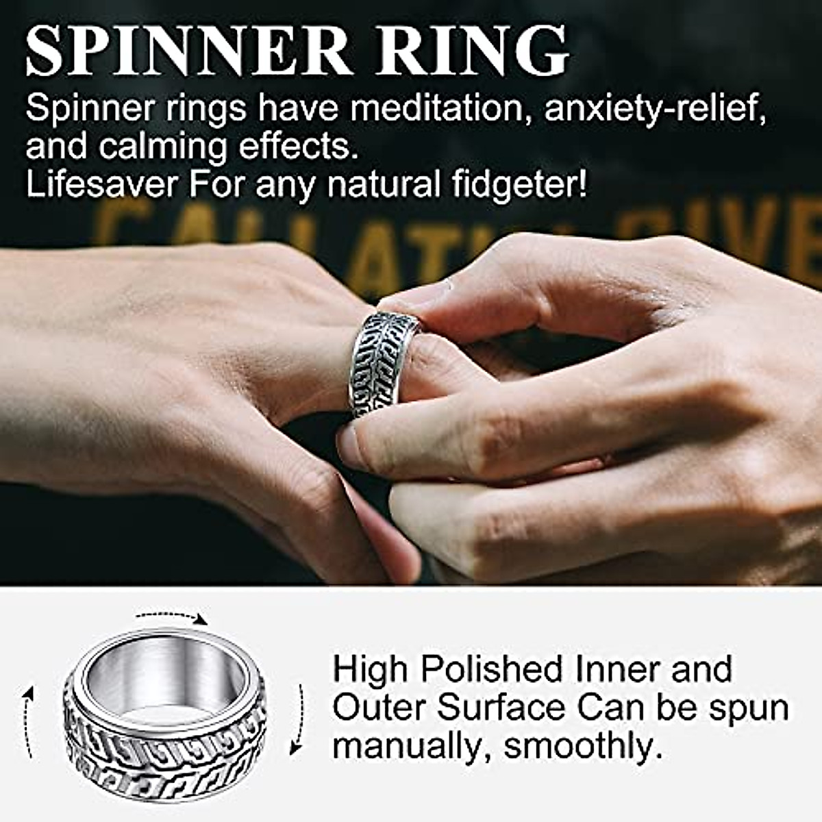 10mm Mens Mechanic Car Racer Tire Tread Band Ring for Men for Bikers Stainless Steel Fidget Spinner Rings