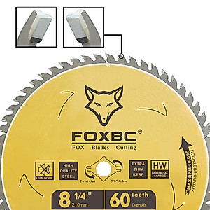 FOXBC 8-1/4 Inch Table Saw Blade 60 Tooth Fine Finish Wood Cutting with 5/8" Arbor, Diamond Knockout
