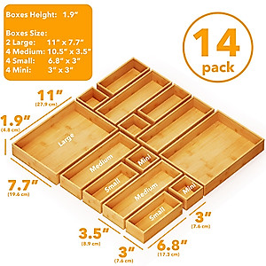 SpaceAid 14-Piece Bamboo Drawer Organizer Storage Boxes Set, Wood Tray Junk Drawer Organizers Multi-Use Divider Bins for Kitchen, Bathroom, Office Desk and Makeup Organization (14 Pack, Natural)