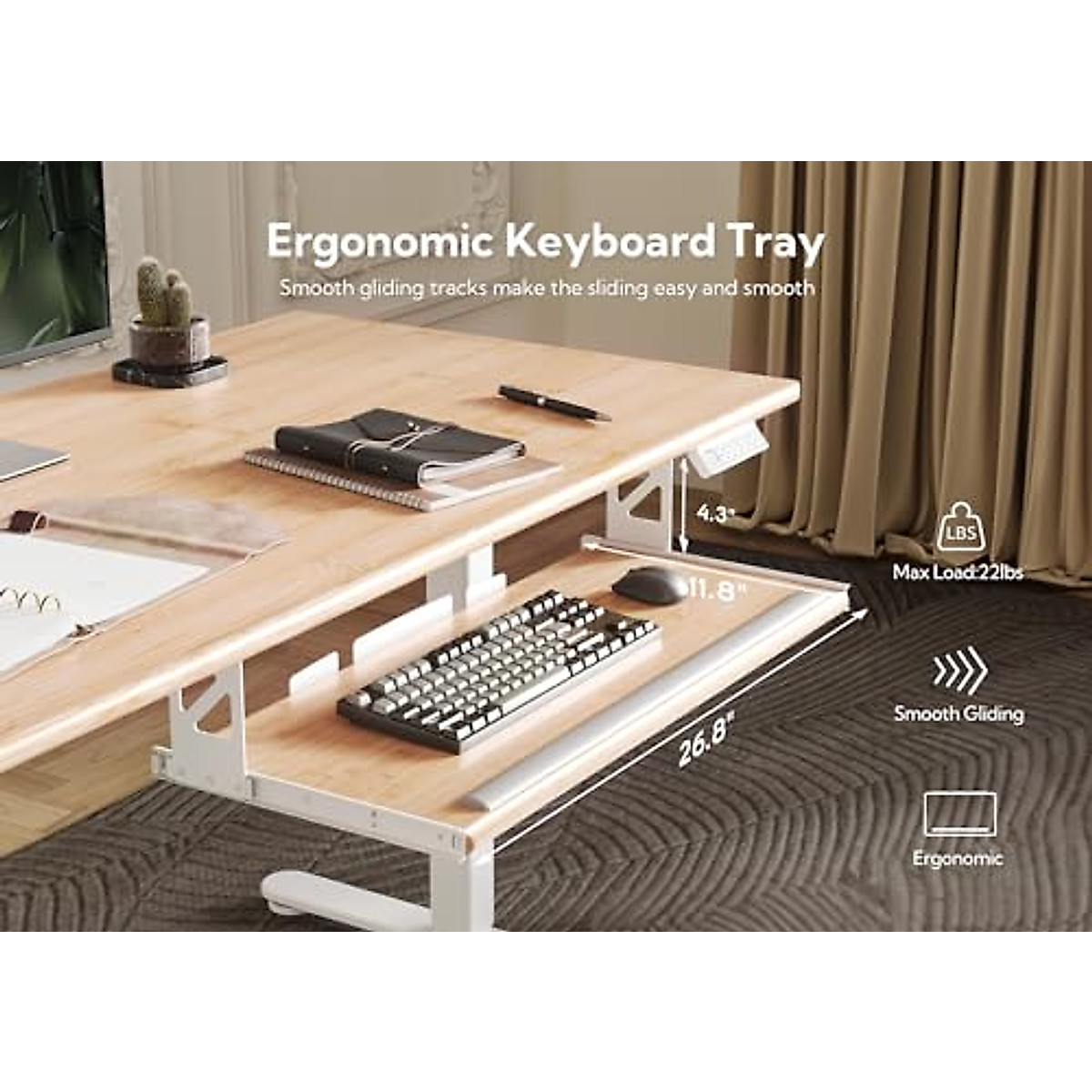 INNOVAR Bamboo Electric Standing Desk, 48×24 Inch Adjustable Desk with Keyboard Tray, Stand up Home Office Desk with Whole-Piece Board, White Frame/Bamboo Top