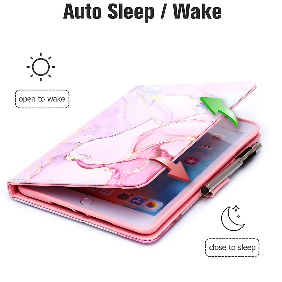 iPad Mini 5 Case Mini 4 Mini 3 2 Cover, FANCITY Smart Wake Sleep Flip Stand Case Soft PU Leather Protective Case with Card Slot Pen Holder for Apple iPad Mini 1 2 3 4 5 - Pink Marble