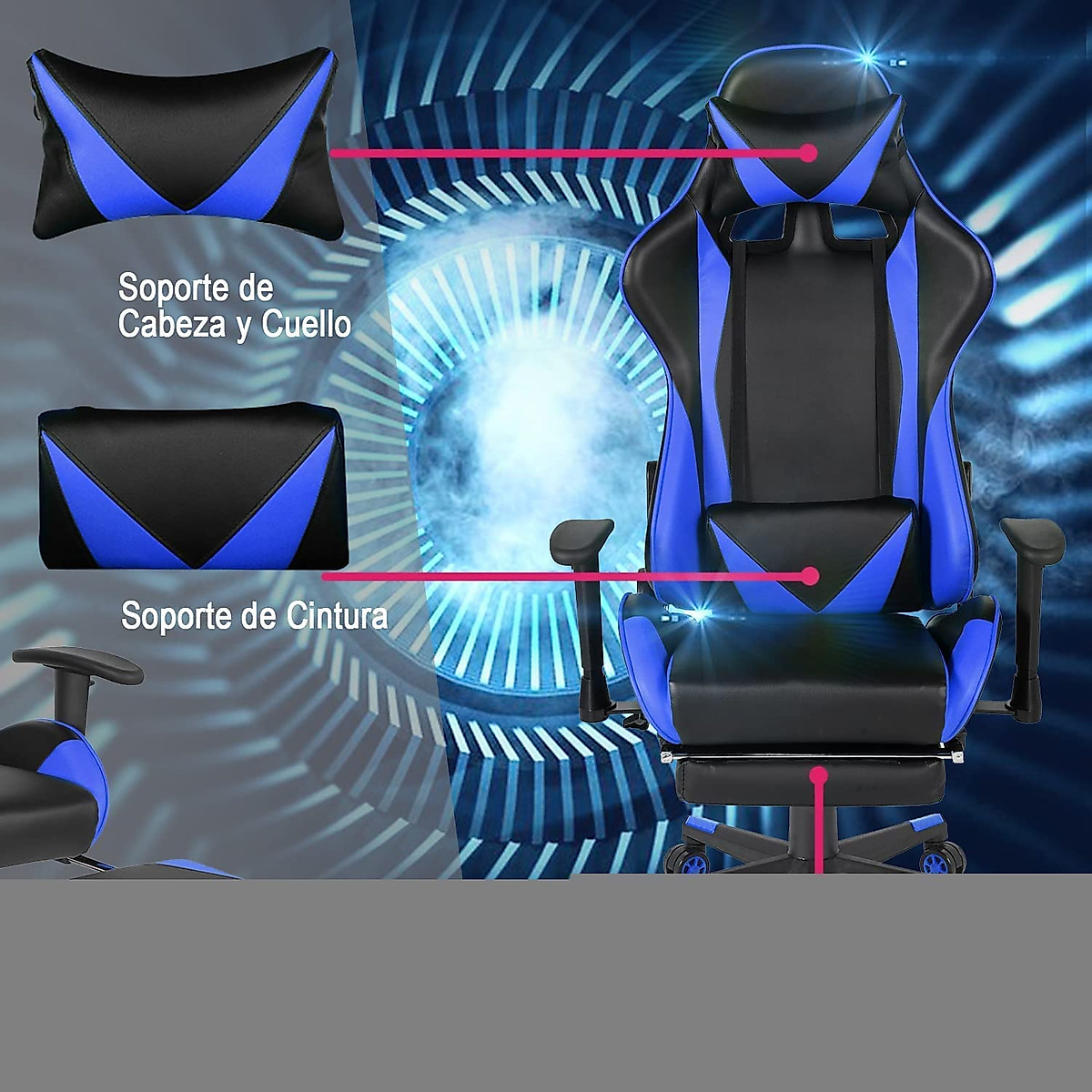 HOMEMAKE FURNITURE Gaming Chair, Racing Office Computer Game Chair, Ergonomic Game Chair, Racing Style with 90° Adjustable Reclining Chair and Retractable footrest, Blue and Black