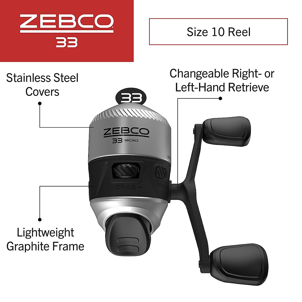 Zebco 33 Micro Spincast Fishing Reel, Size 10 Reel, Changeable Right- or Left-Hand Retrieve, Built-In Bite Alert, Durable All-Metal Gears, Pre-Spooled with 4-Pound Zebco Cajun Line, Silver/Black