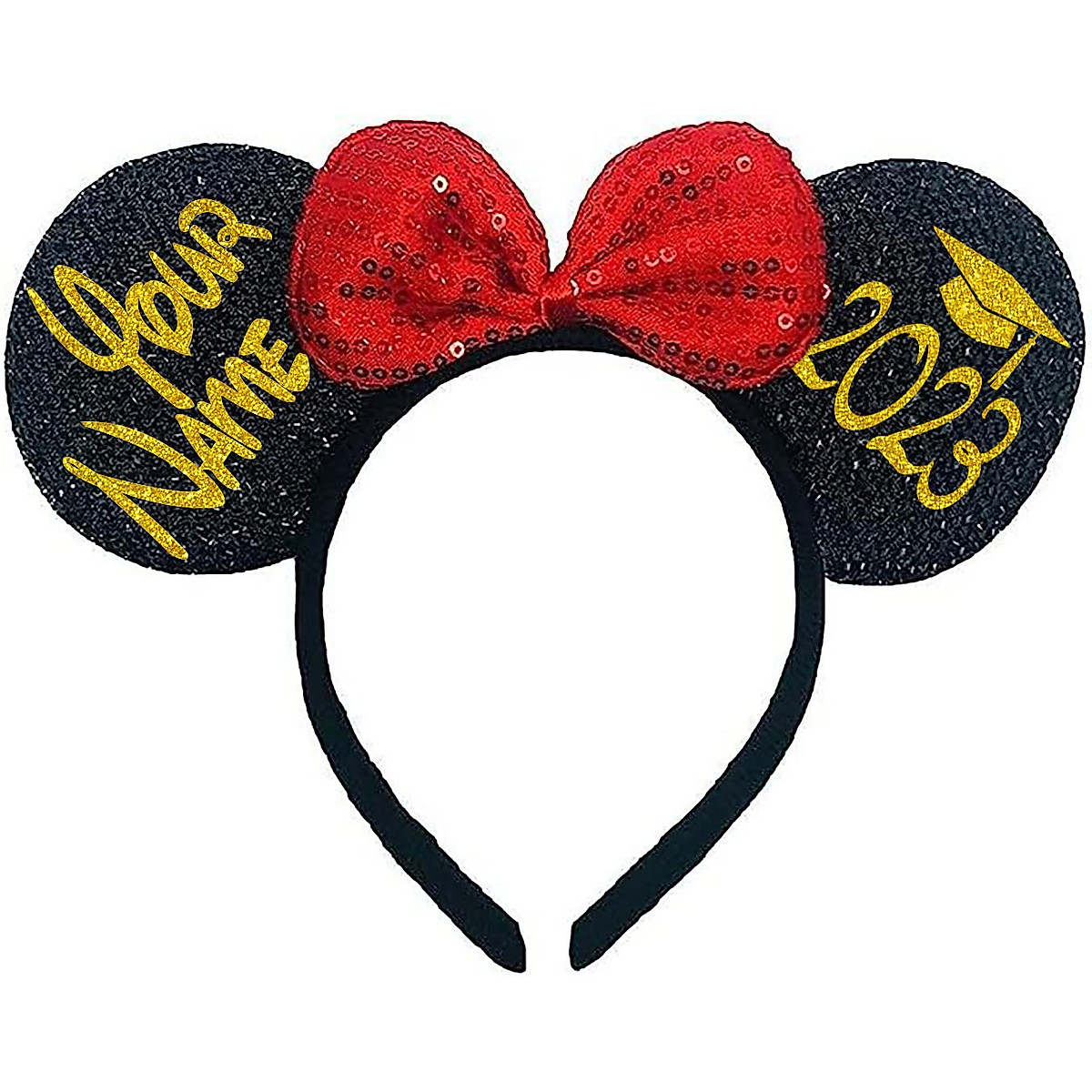 Personalized Graduation Mouse Ears for Class of 2024, Custom Graduation Gifts, Black Sequin Headband with Red Sequin Bow