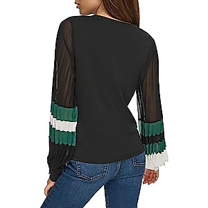 Karl Lagerfeld Paris Women's Long Sleeve Pleated Blouse, Black