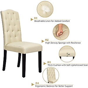 GORELAX Fabric Dining Chairs Set of 2, Modern Upholstered Dining Chair w/Solid Wood Leg, Adjustable Foot Pad, Tufted Kitchen Chairs for Farmhouse, Restaurant (Set of 2, Beige)