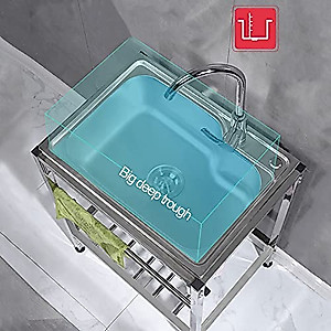 EMENG Commercial Sink Kitchen Wash Basin Stainless Steel Garden Sink, Multi Functional Single Bowl Sink with Stand for Vegetable Washing Basin Sinks, for Outdoor Indoor Garage Kitchen La
