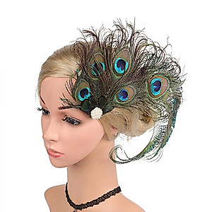 ACTLATI Elegant Peacock Feather Hair Clip Fascinator Hairpin Rhinestones Headband Cocktail Party Girls Women, Green, One Size