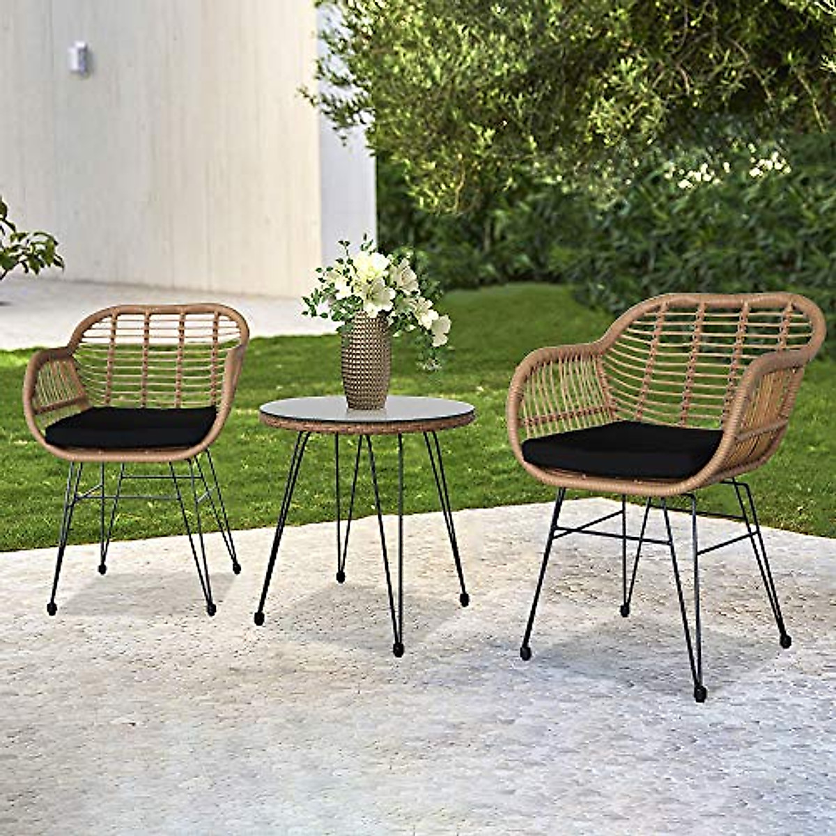 TRRAPLE 3 Pieces Patio Furniture Set, Outdoor Wicker Patio Furniture Sets Modern Bistro Set Rattan Chair Conversation Sets with Glass Top Side Table for Yard and Garden
