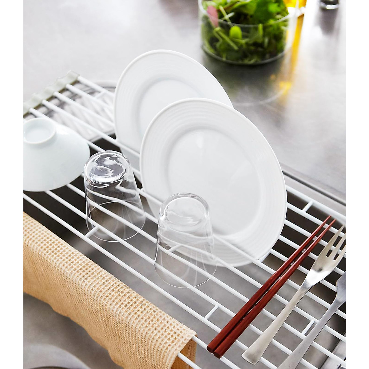 YAMAZAKI Dish Home Folding Sink Rack | Steel | Large | Drainer Tray, White