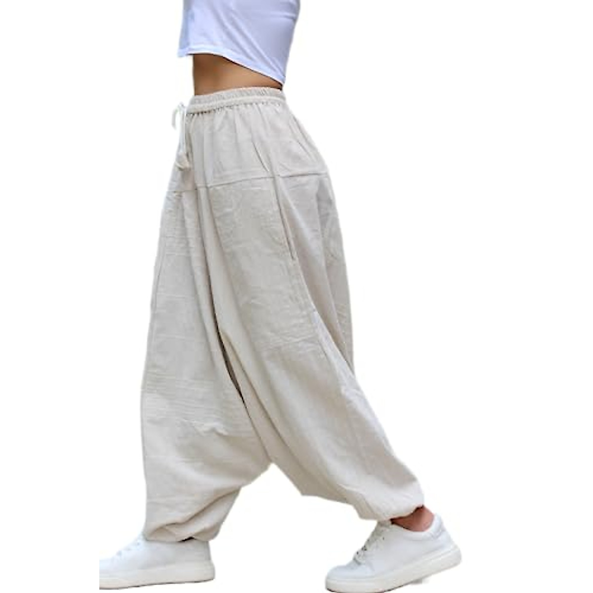 Women's Harem Pants 100% Cotton with Pockets,Jute Cotton, Maternity Loose Fit Bohemian Yoga Boho Hippie Colorful Harem Pants, Pure Soft Cotton Casual Fashion Women Travelling(White)